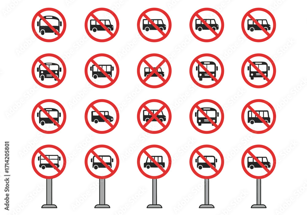 20 No Bus signs of different bus types in a grid arrangement Some are ...