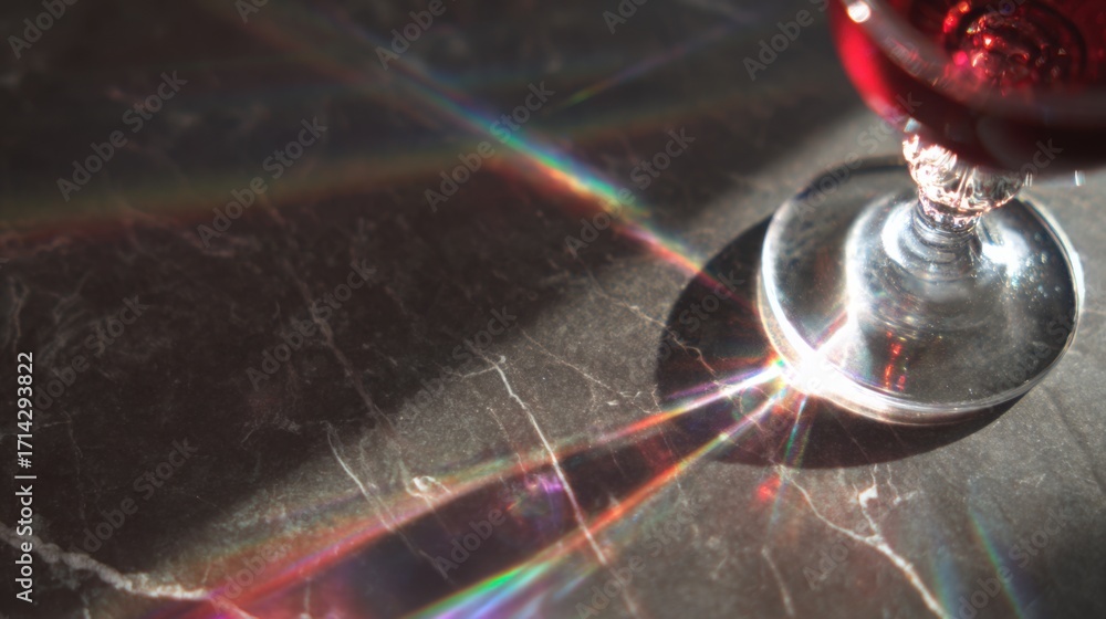 refraction. Crystal wineglass with red liquid, dramatic backlight ...
