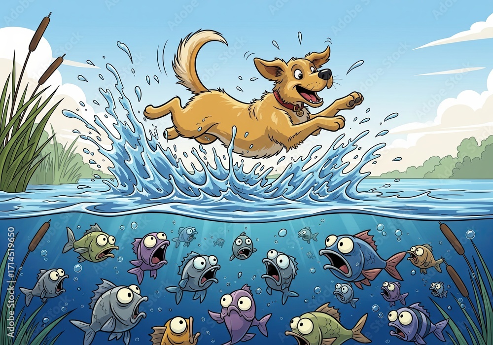 Funny cartoon dog jumping into the water making a splash and scaring a ...