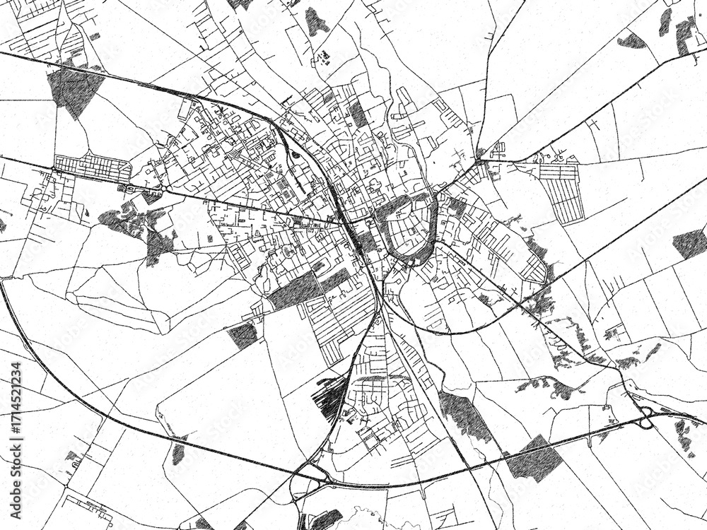 Black and white illustrated map of Stargard, Poland, with streets ...