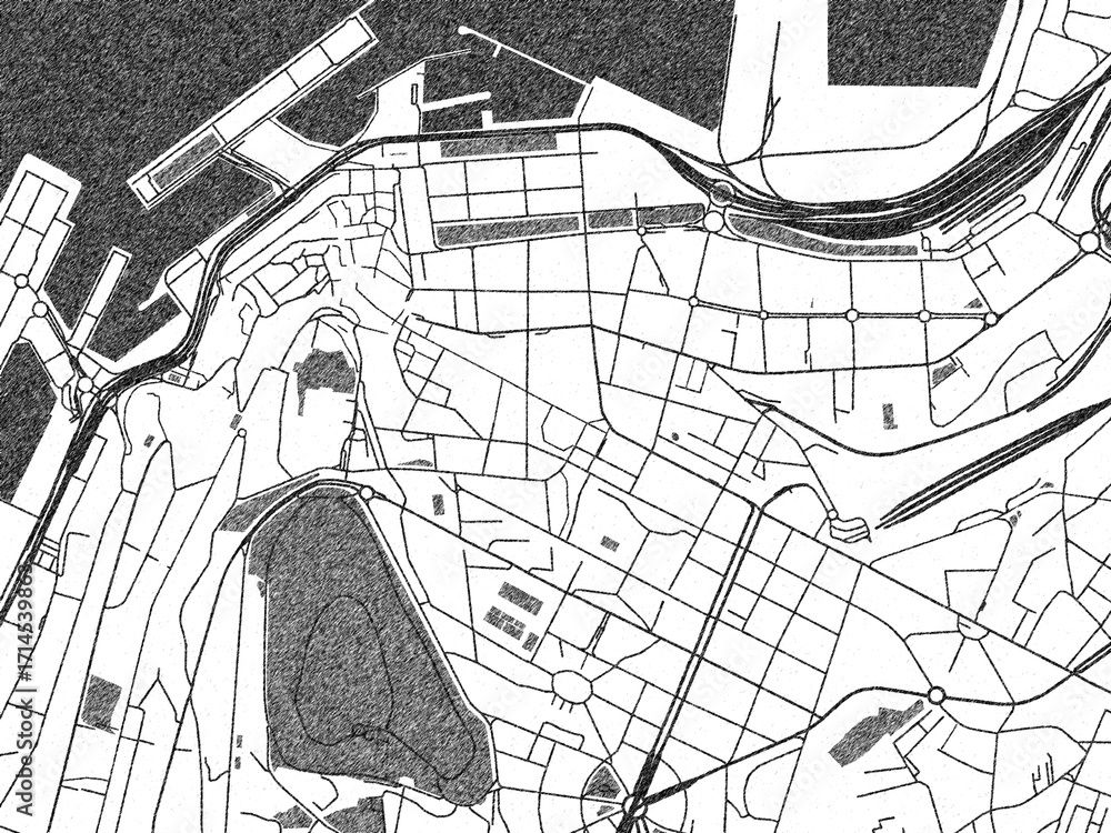 Hand-drawn style black and white city map of Vigo Centro, Spain, with ...