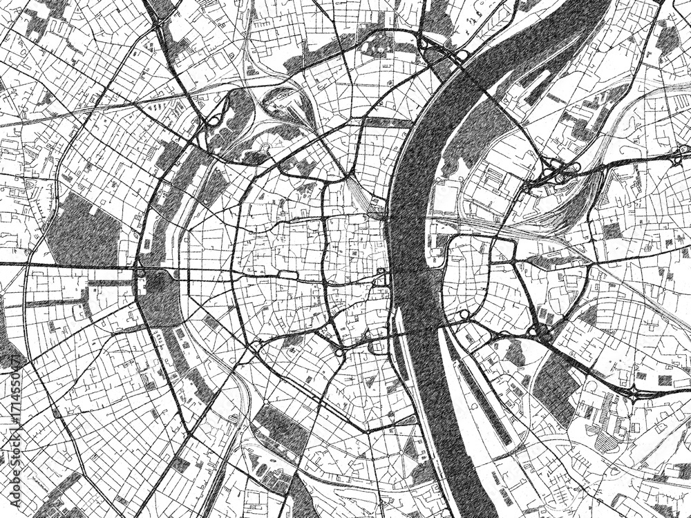 Black and white illustrated map of Koln, Germany, with streets, rivers ...