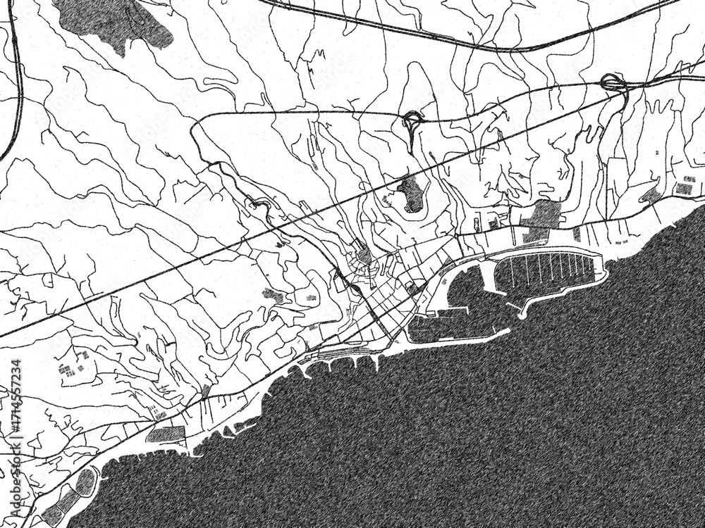 Black and white illustrated map of Sanremo, Italy, with streets, rivers ...