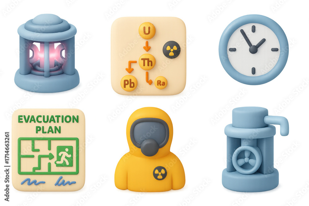 Radiation safety icons set in 3d style featuring hazmat suit, geiger ...