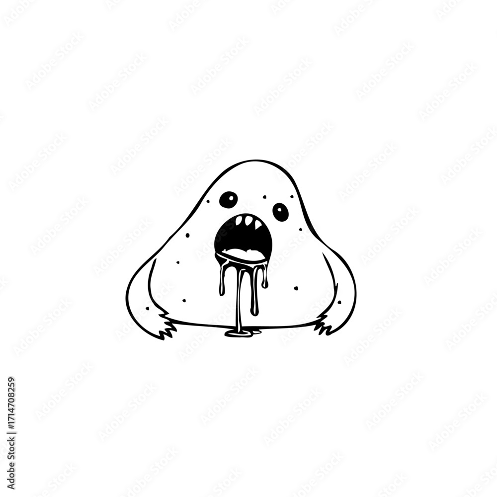 Whimsical monochrome drawing of a blob character with a gaping mouth ...