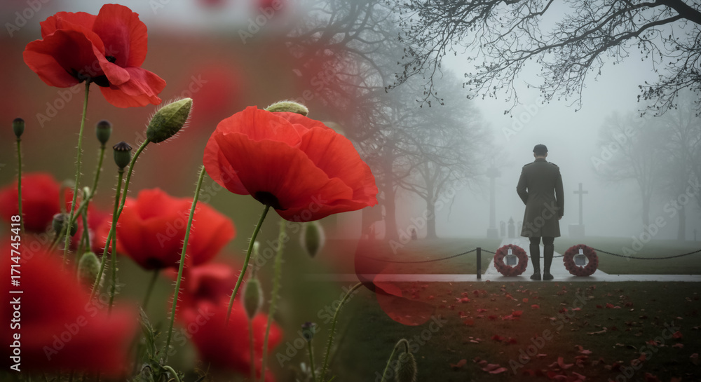 Fotografie Remembering the fallen at a misty cemetery. Composite image ...