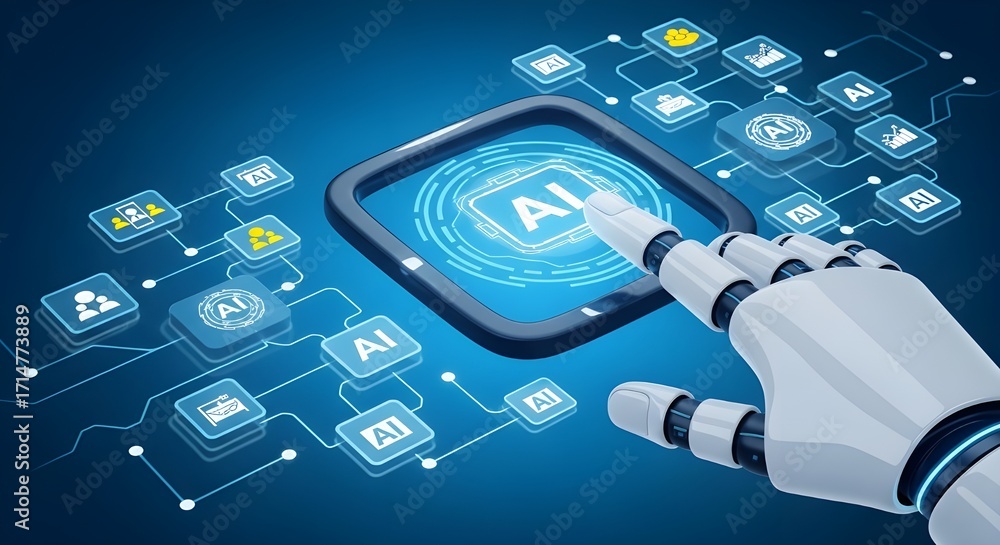 Robot hand touching AI interface with interconnected nodes and icons ...