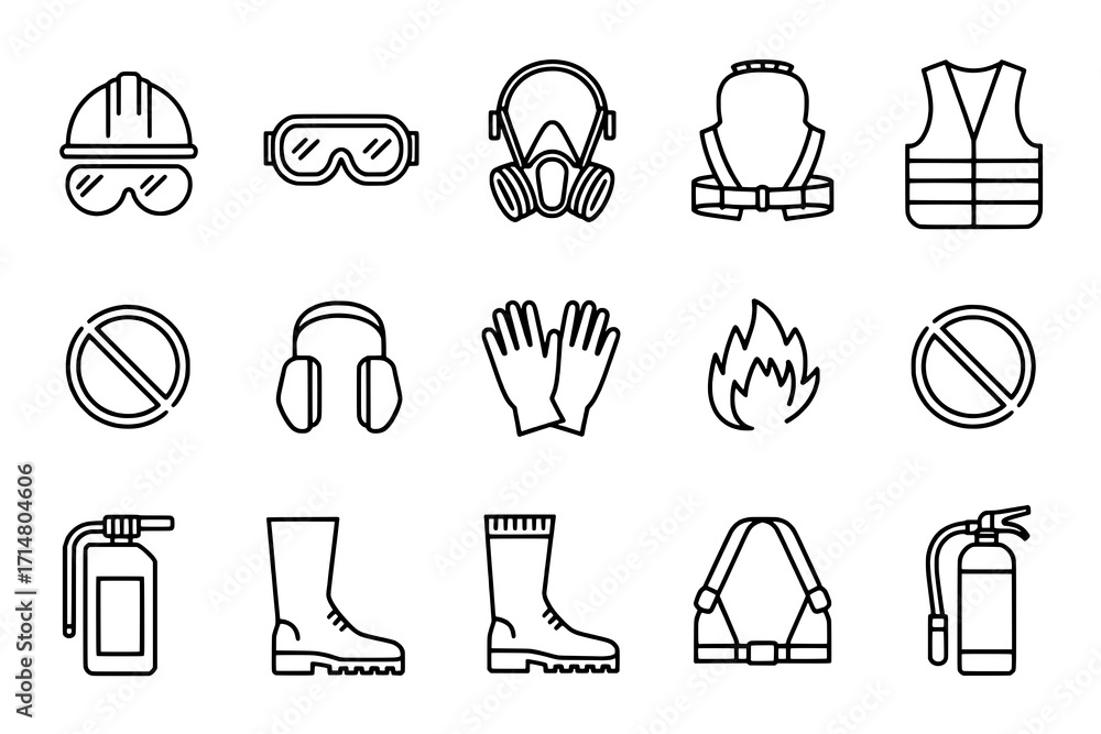 Safety Equipment Icons: 16 Line Art Safety Gear Illustrations for ...