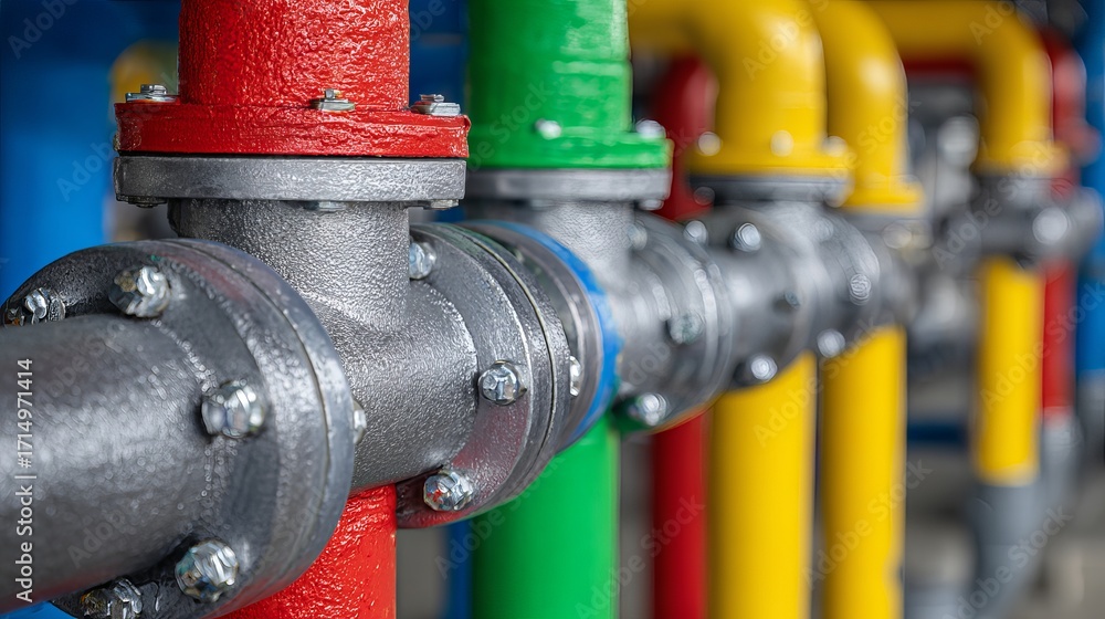 Industrial pipes with vibrant red, green, and yellow color coding for ...