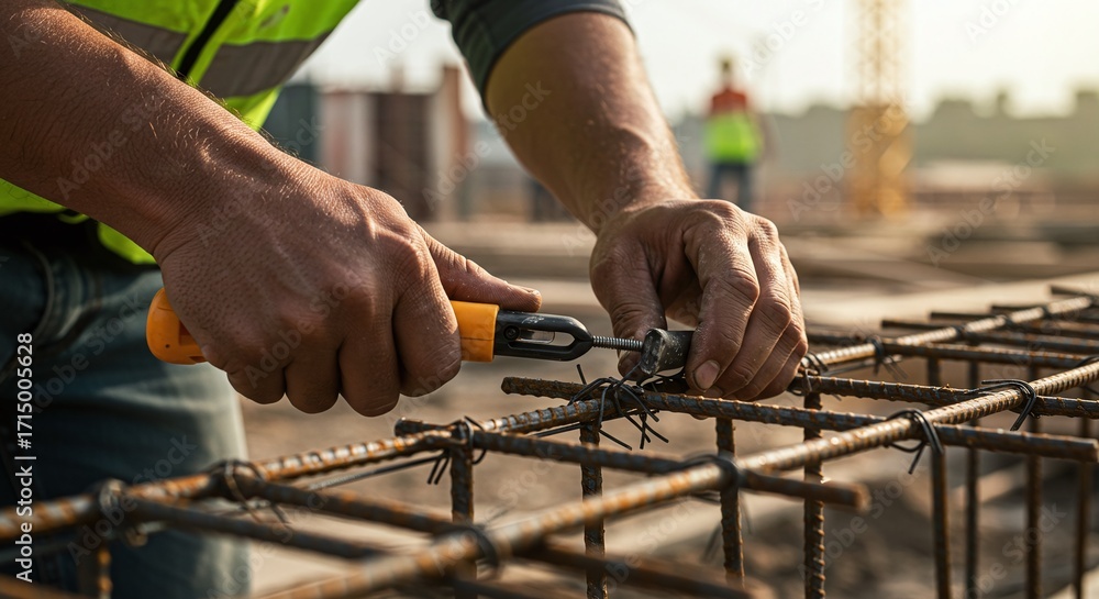 Worker's hands using pliers to tie a metal wire around a steel rebar ...