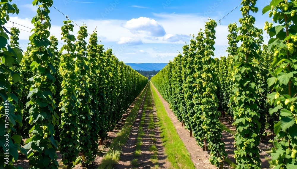 Lush Green Hop Field under Sunny Sky, Rows of Hops Plants, Agricultural ...
