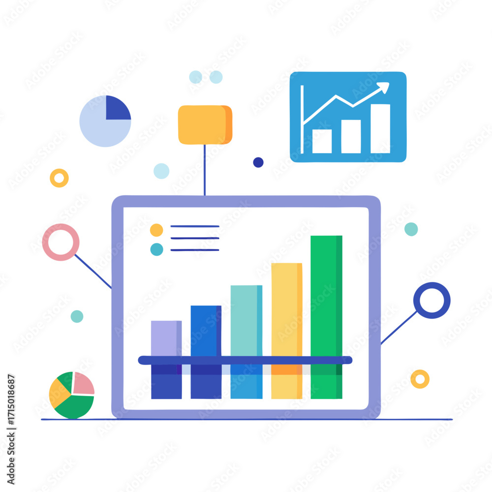 Digital tablet displaying bar graph with surrounding data visualization ...
