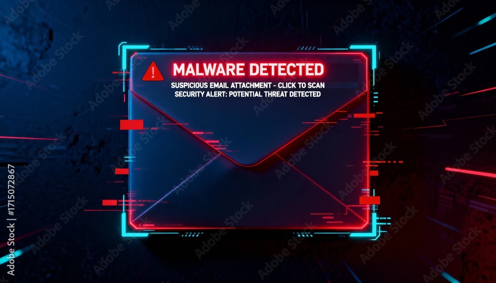 malware email notification, glowing envelope with glitch red warning ...