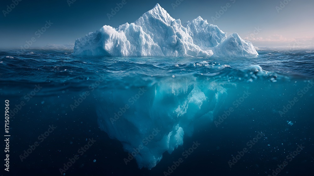 Majestic iceberg emerges from deep blue ocean, showing immense ...