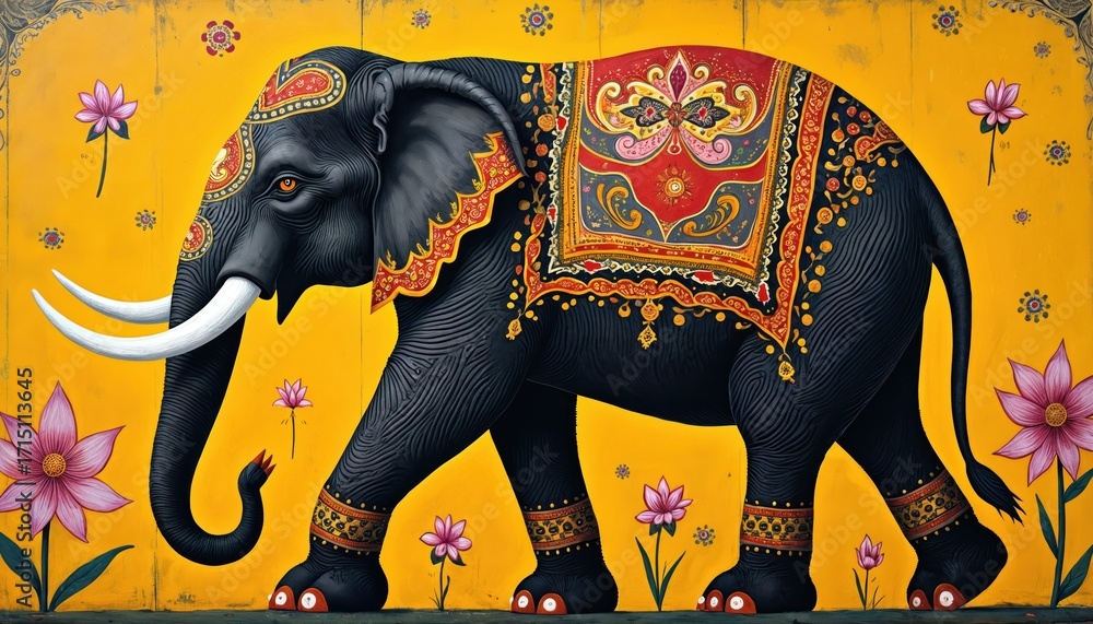 Graceful elephant in traditional Madhubani Bharni style, adorned with ...