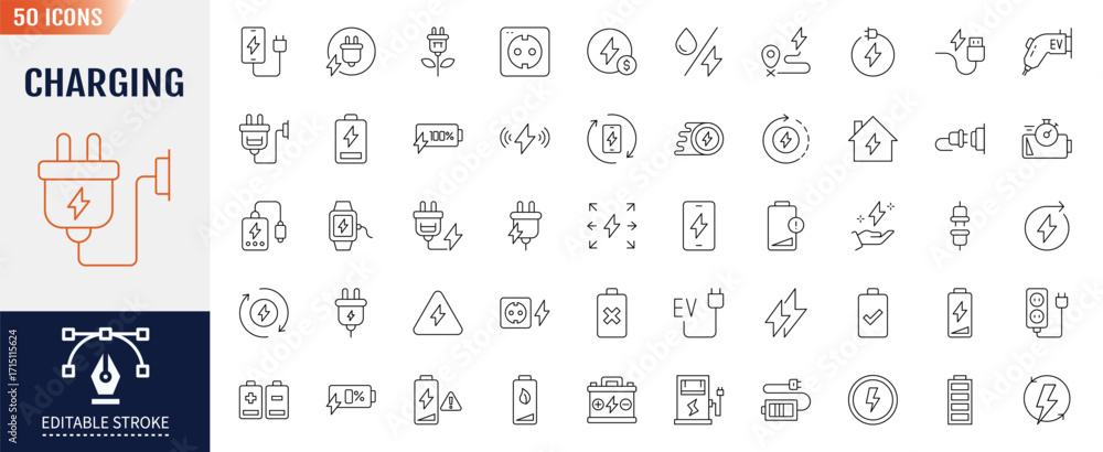 Charging Line Icons set. Containing battery, energy, charger, and more ...