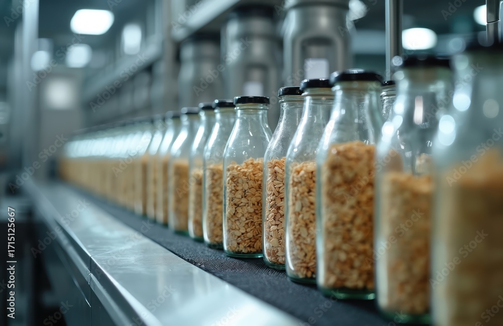 Row of glass bottles filled with oats on automated conveyor belt in ...