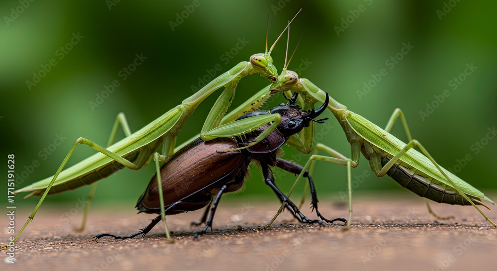 Two Praying Mantises Attacking a Stag Beetle: Intense Insect Predation ...