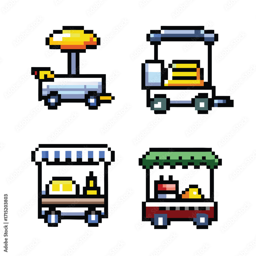 Street Food Carts 8-Bit Pixel Art Icon Set. 4 Retro Asian Market Vendor ...