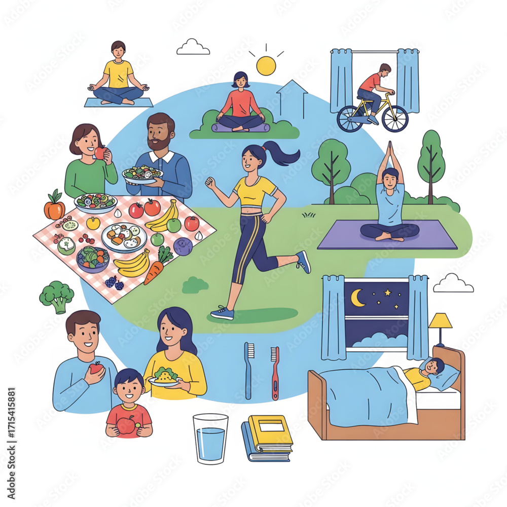 Colorful illustration depicting a healthy lifestyle with people ...