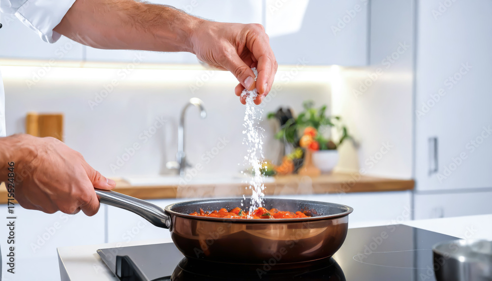 Male chef's hands carefully adding a pinch of salt to season food ...