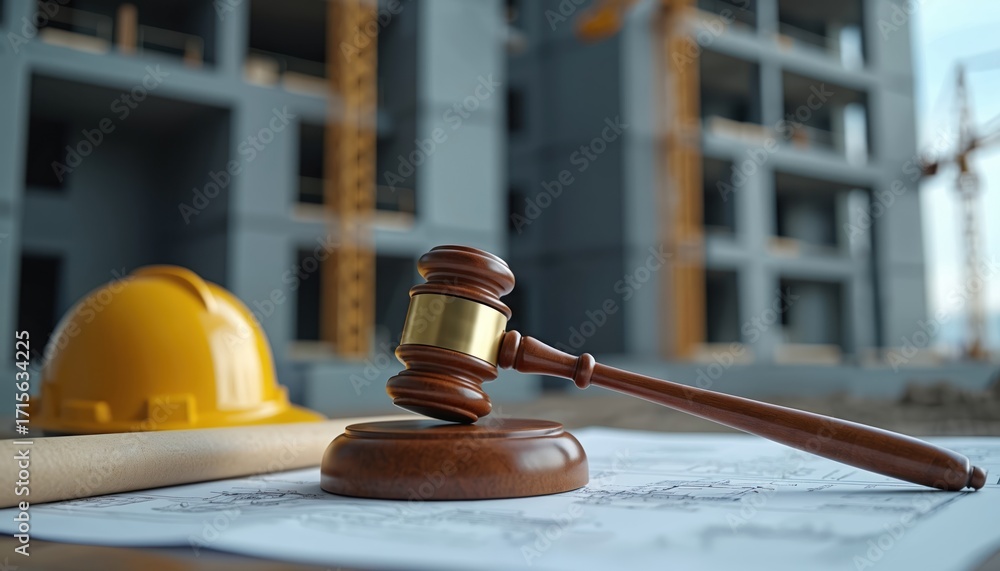 Construction law illustration featuring gavel, yellow hard hat ...