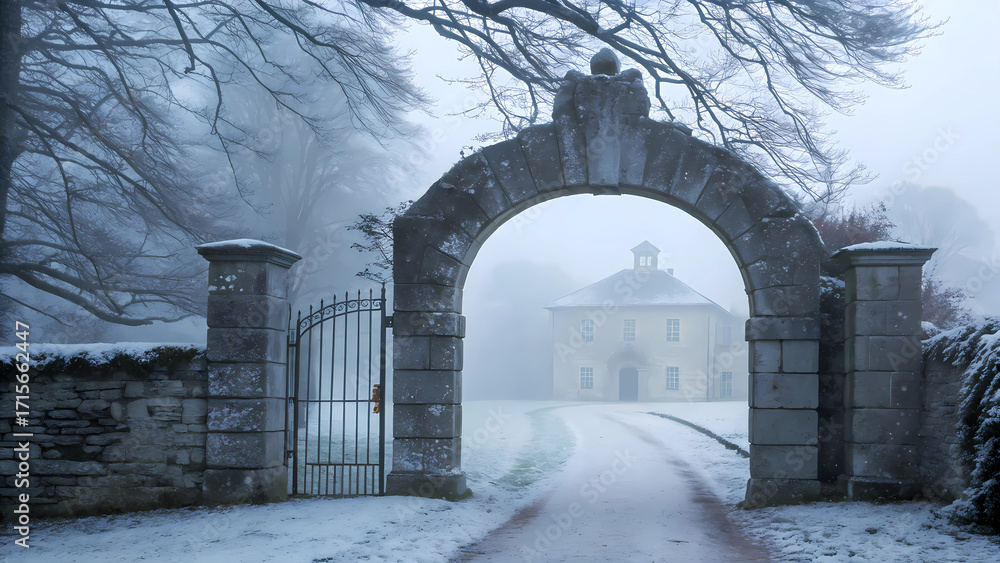 Winter wonderland manor house through stone gate in fog scenic ...