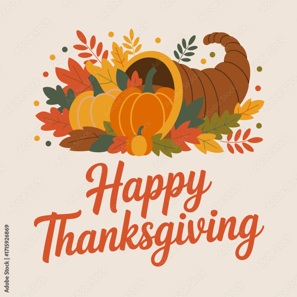 Happy Thanksgiving lettering, cornucopia horn overflowing, autumn ...
