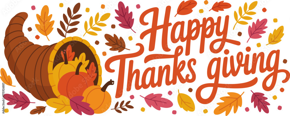 Happy Thanksgiving banner, cornucopia illustration, horizontal layout ...