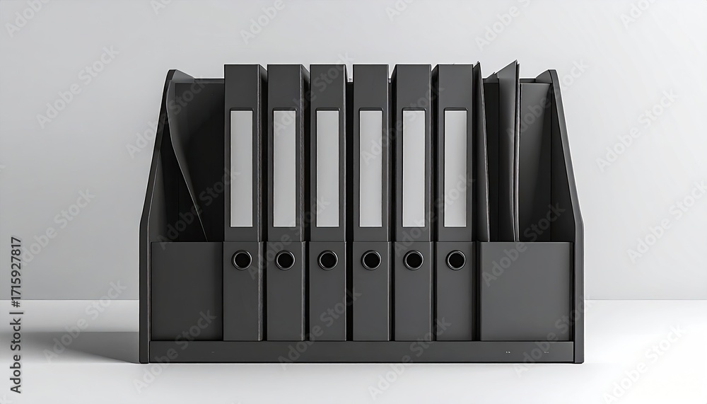 Black file organizer holding several black lever-arch files and ...