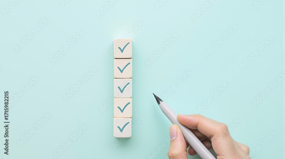 Checklist complete tasks done list wooden blocks with check marks and ...