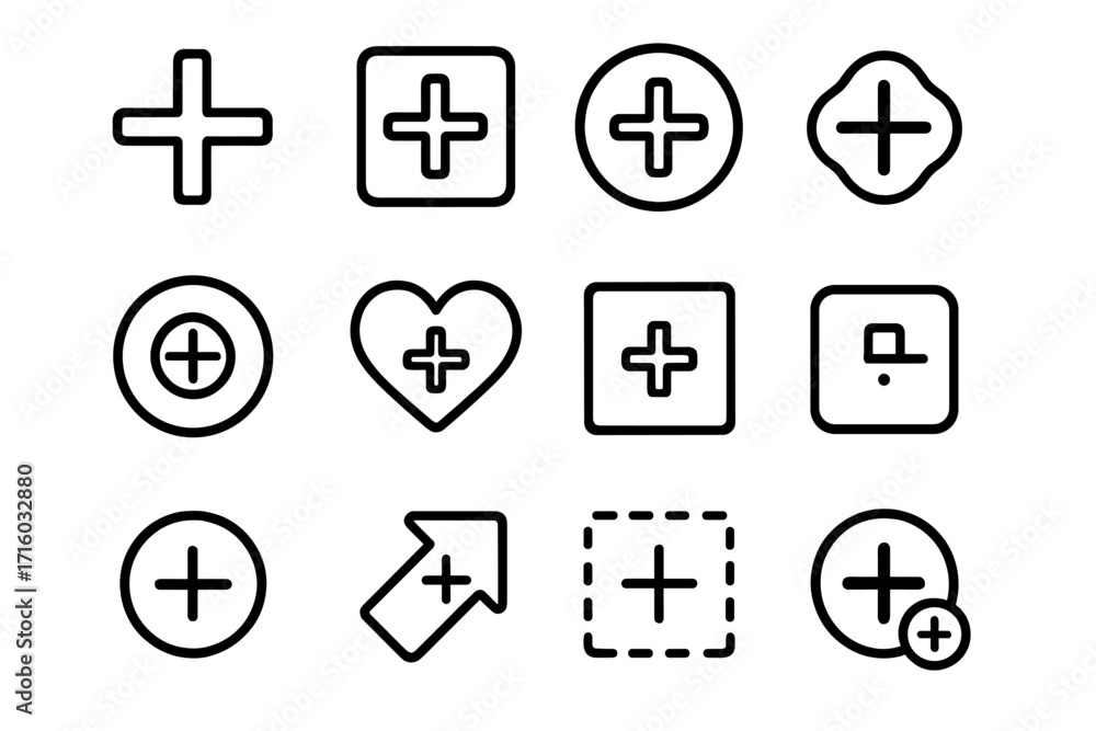 Plus icon set. Add symbol collection. Thin line outline design ...