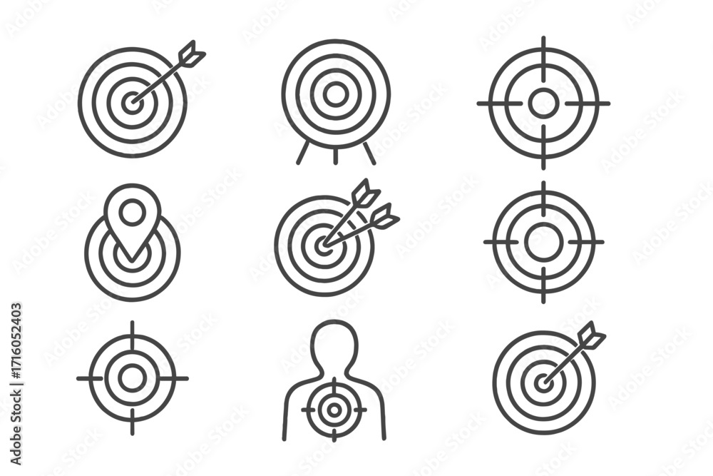 Target and goal line icon set. Business objective, marketing strategy ...