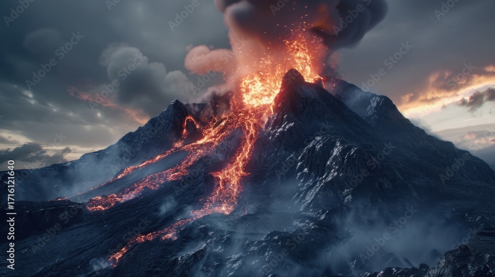 Erupting volcano spewing lava and ash into the sky creating a dramatic ...