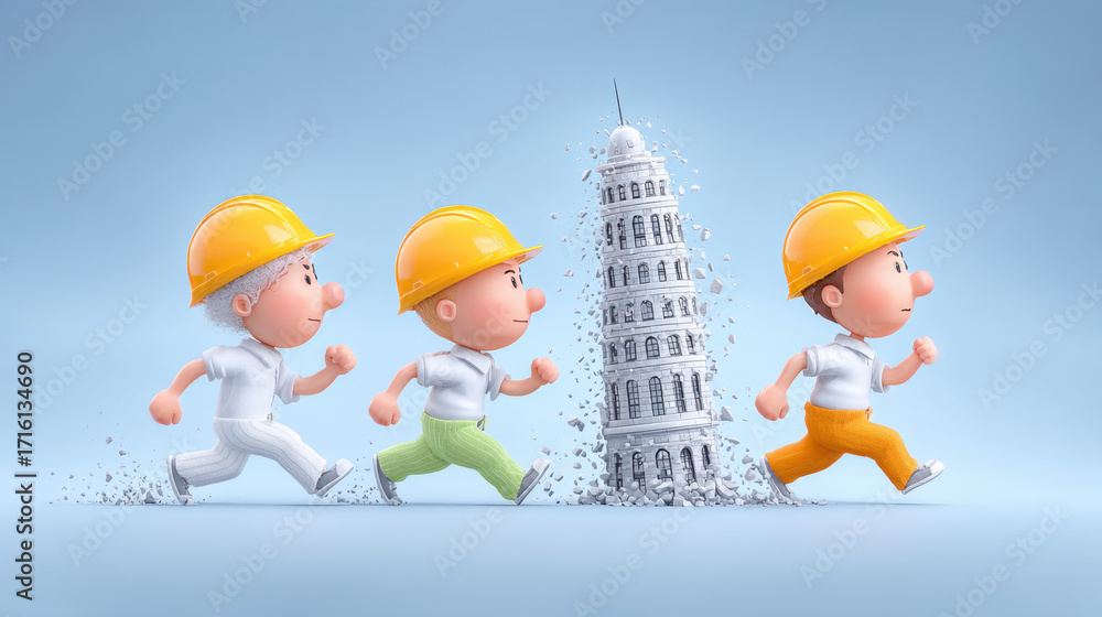 Stampede, Three cartoon characters in hard hats run past a leaning ...