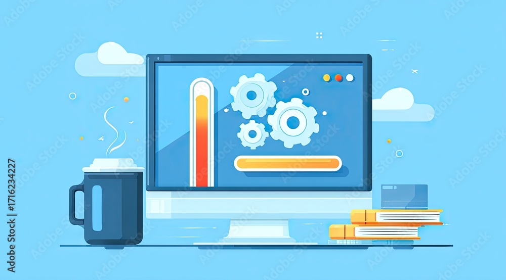 Computer Monitor with Progress Bar and Gears Illustrates System ...