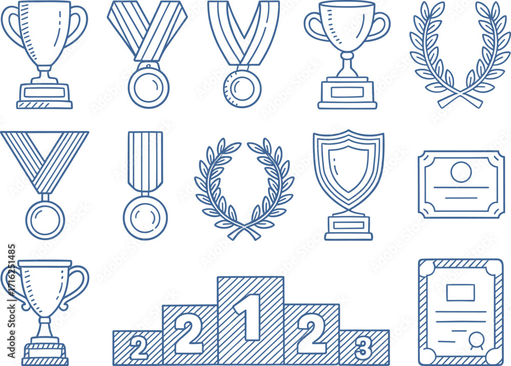 Collection of blue line art trophies medals certificates and podium ...