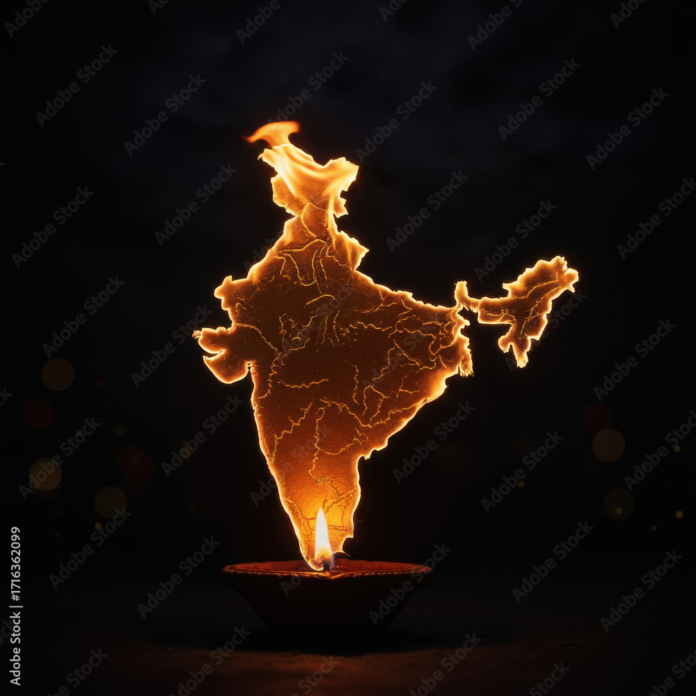 The flame of a diya forms the glowing map of India against a dark ...