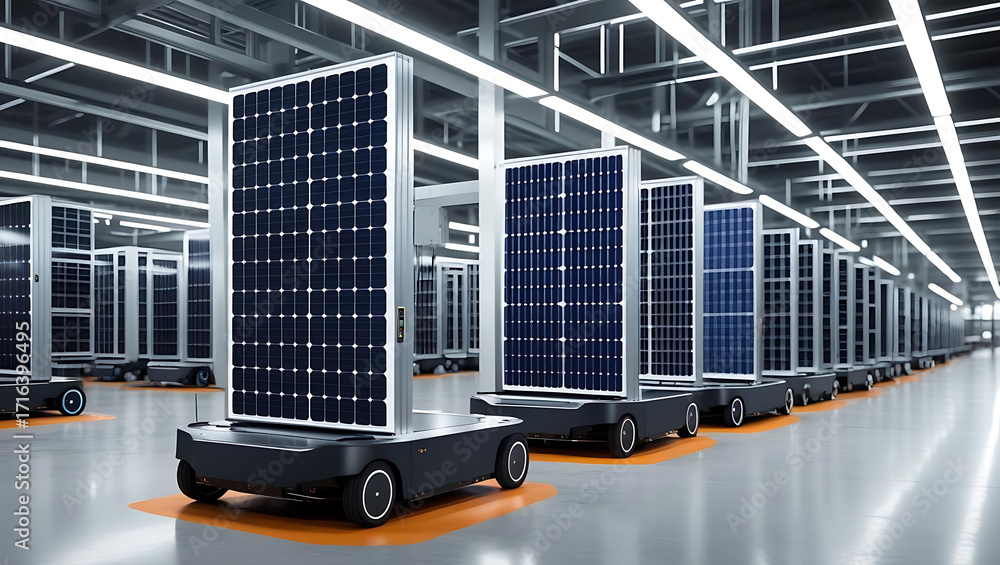 Automated guided vehicles transport solar panels through a modern clean ...