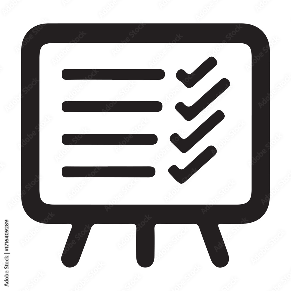Simple black and white icon of a whiteboard on a stand with a checklist ...