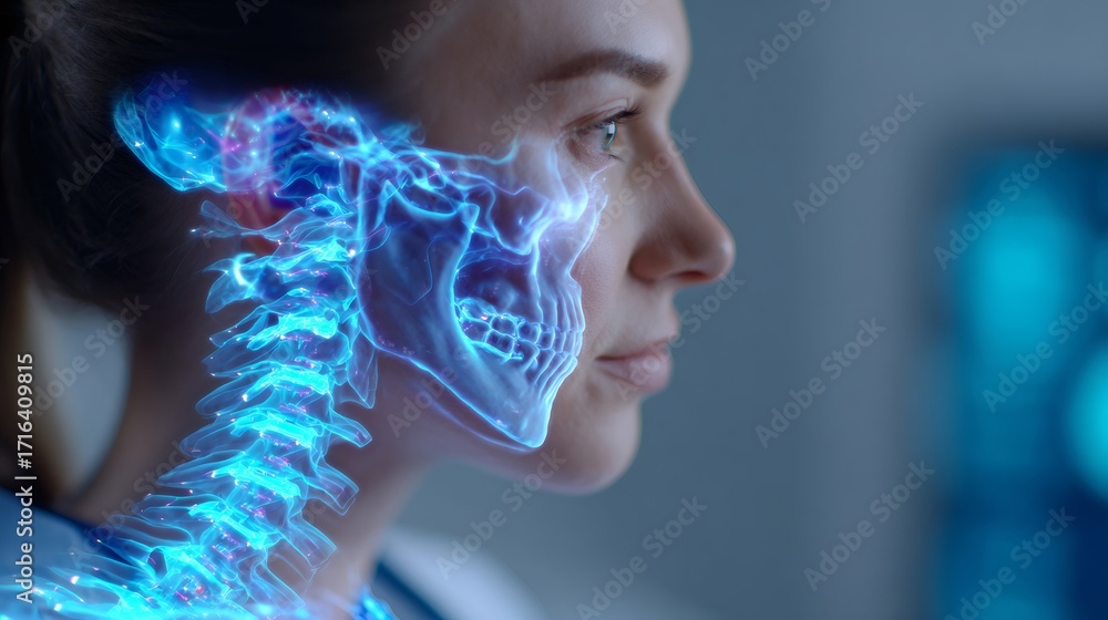Woman with digital glowing skull and spine X-ray scan. Advanced medical ...