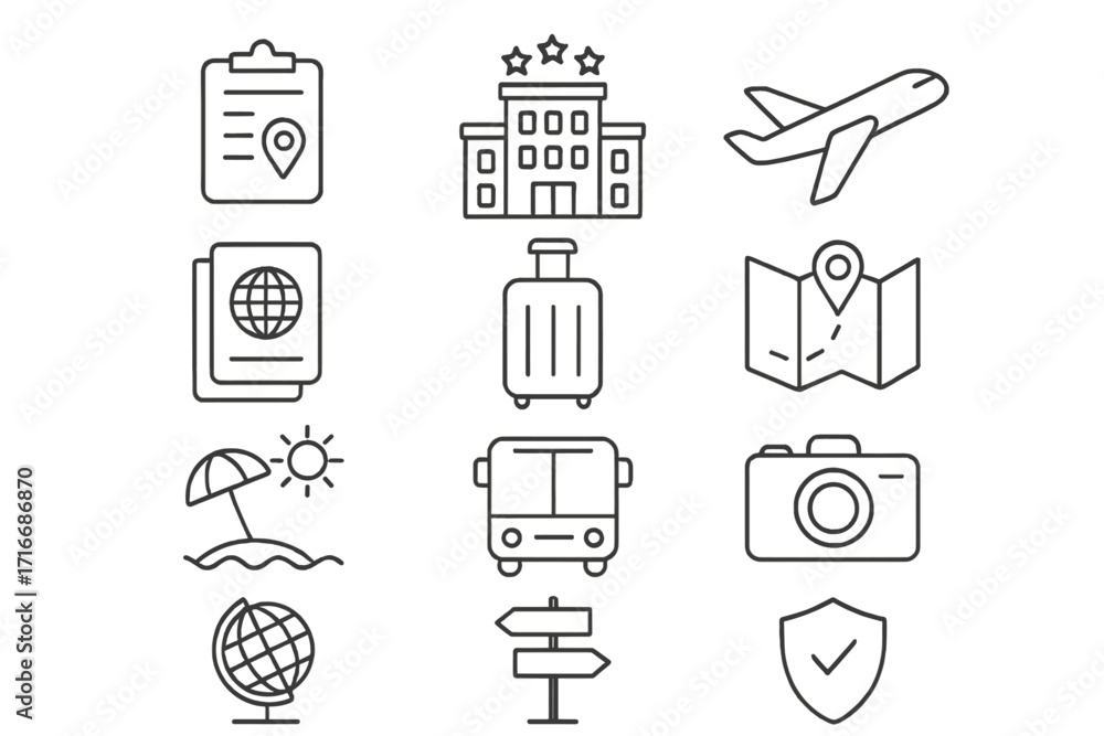 Travel and tourism line icon set. Trip planning, vacation, hotel ...