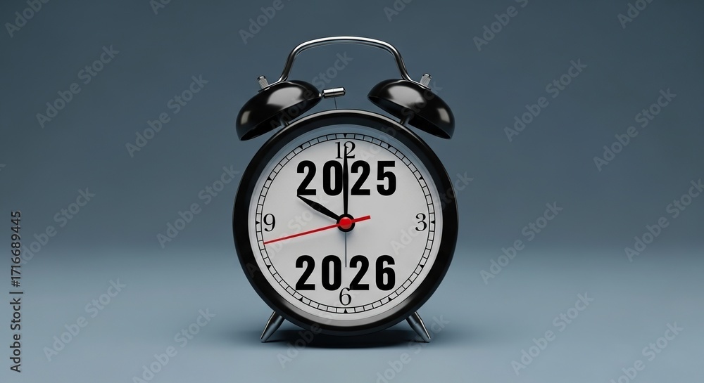 Alarm clock showing 2025 and 2026, representing the transition from ...