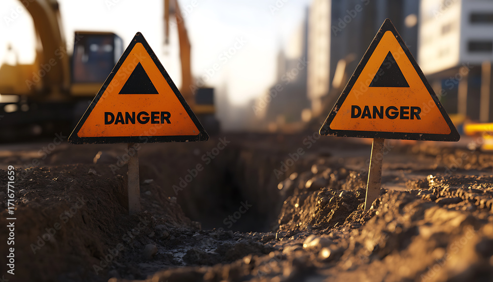 Construction Site Hazard: Danger Ahead. Safety signs warn of excavation ...