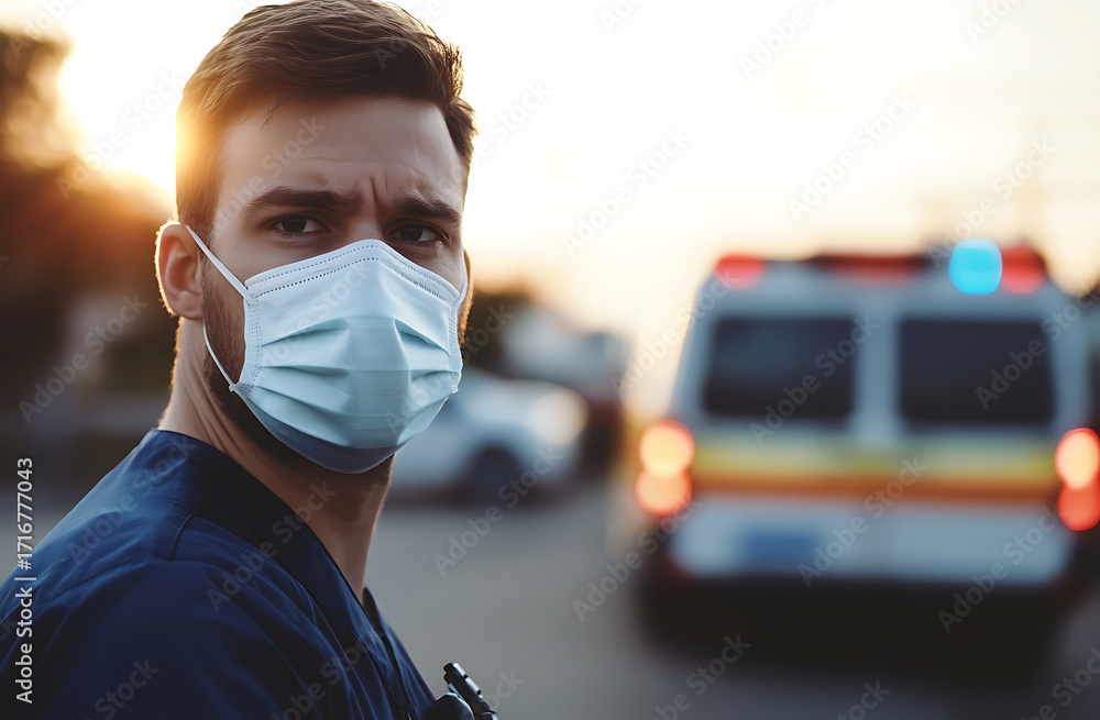 Healthcare hero stands ready near an ambulance, facing the demands of a ...
