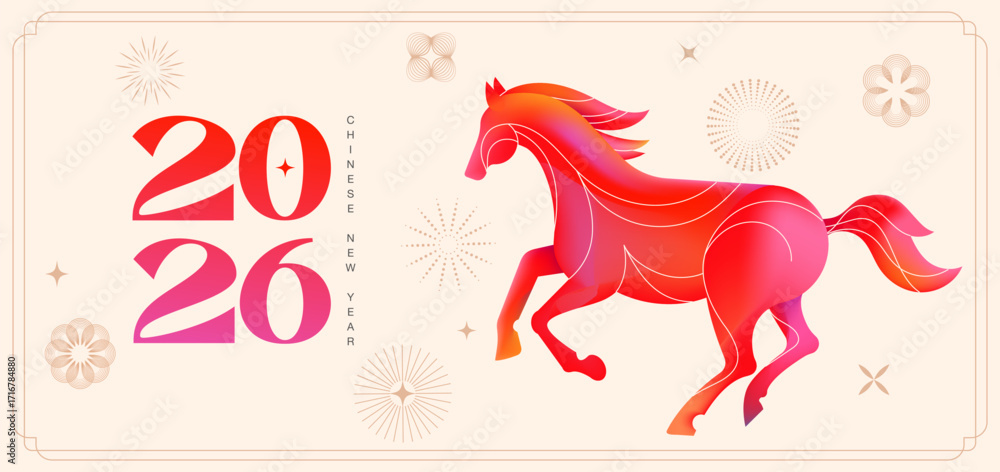 Chinese new year 2026 year of the Horse. Modern Red Horse illustrations ...
