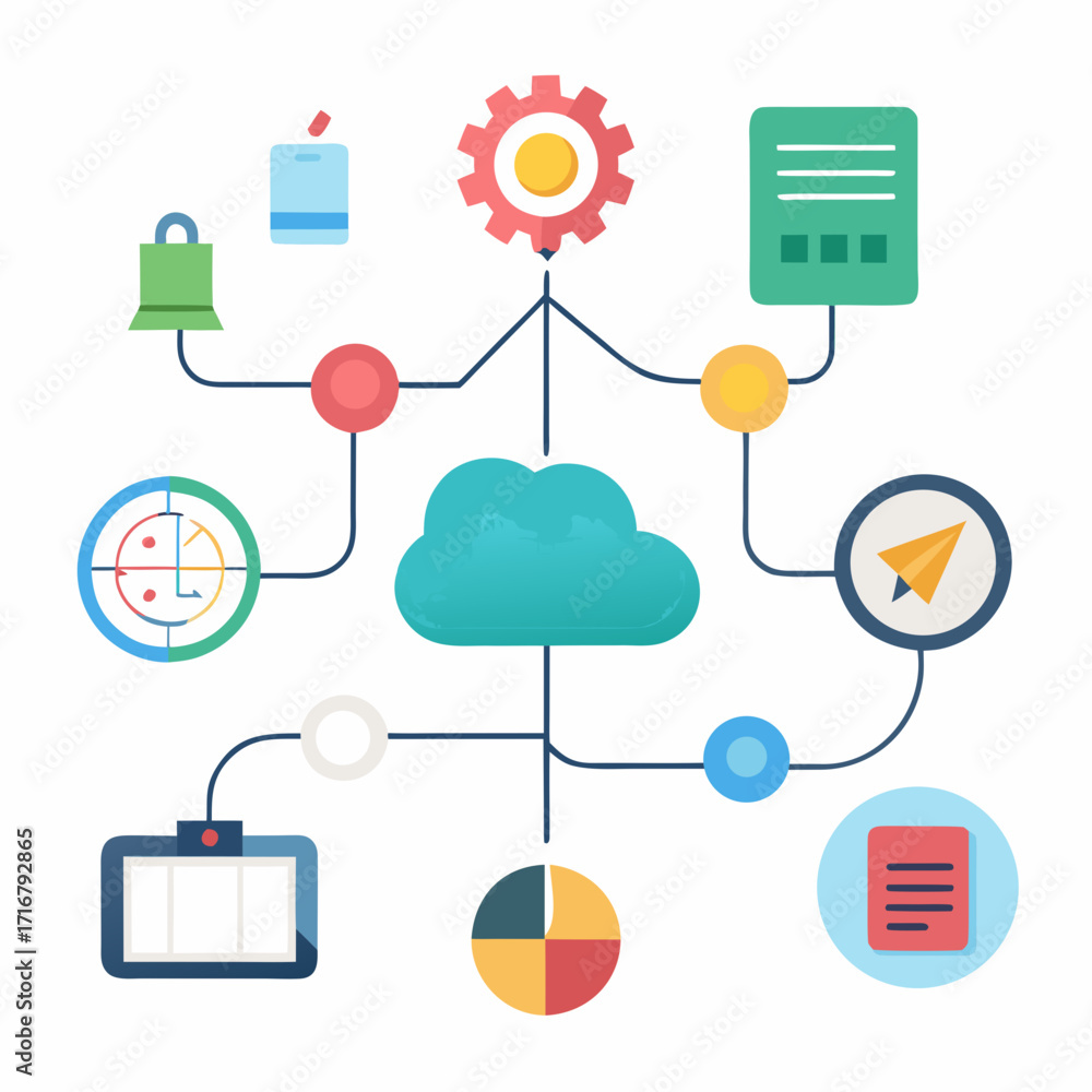 Cloud Computing Network Diagram with Icons and Data Flow technology connectivity Stock Vector ...