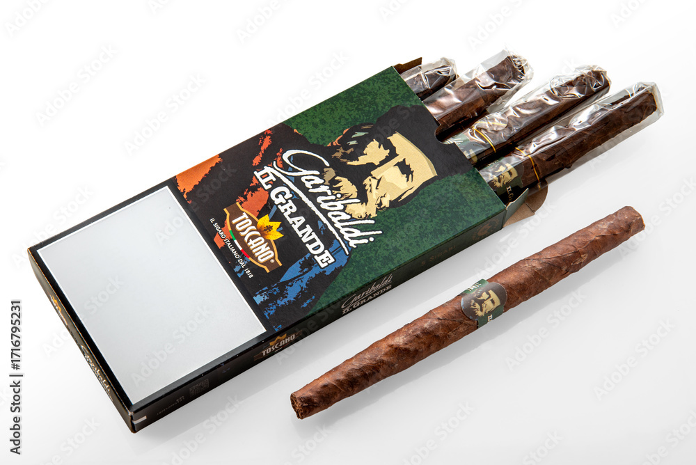 Italy - September 20, 2025: Garibaldi il Grande Toscano cigar pack with ...