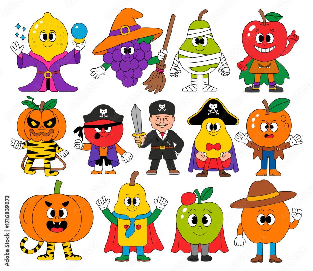 Cartoon fruits dressed in Halloween costumes, including a wizard lemon ...