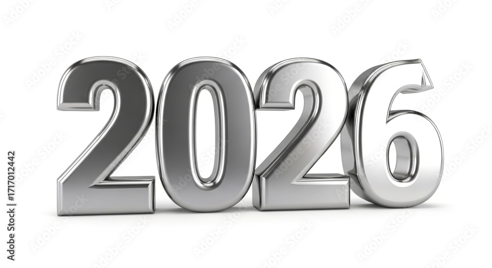 new year 2026 typography silver metal effect isolated Clean 3D Silver ...